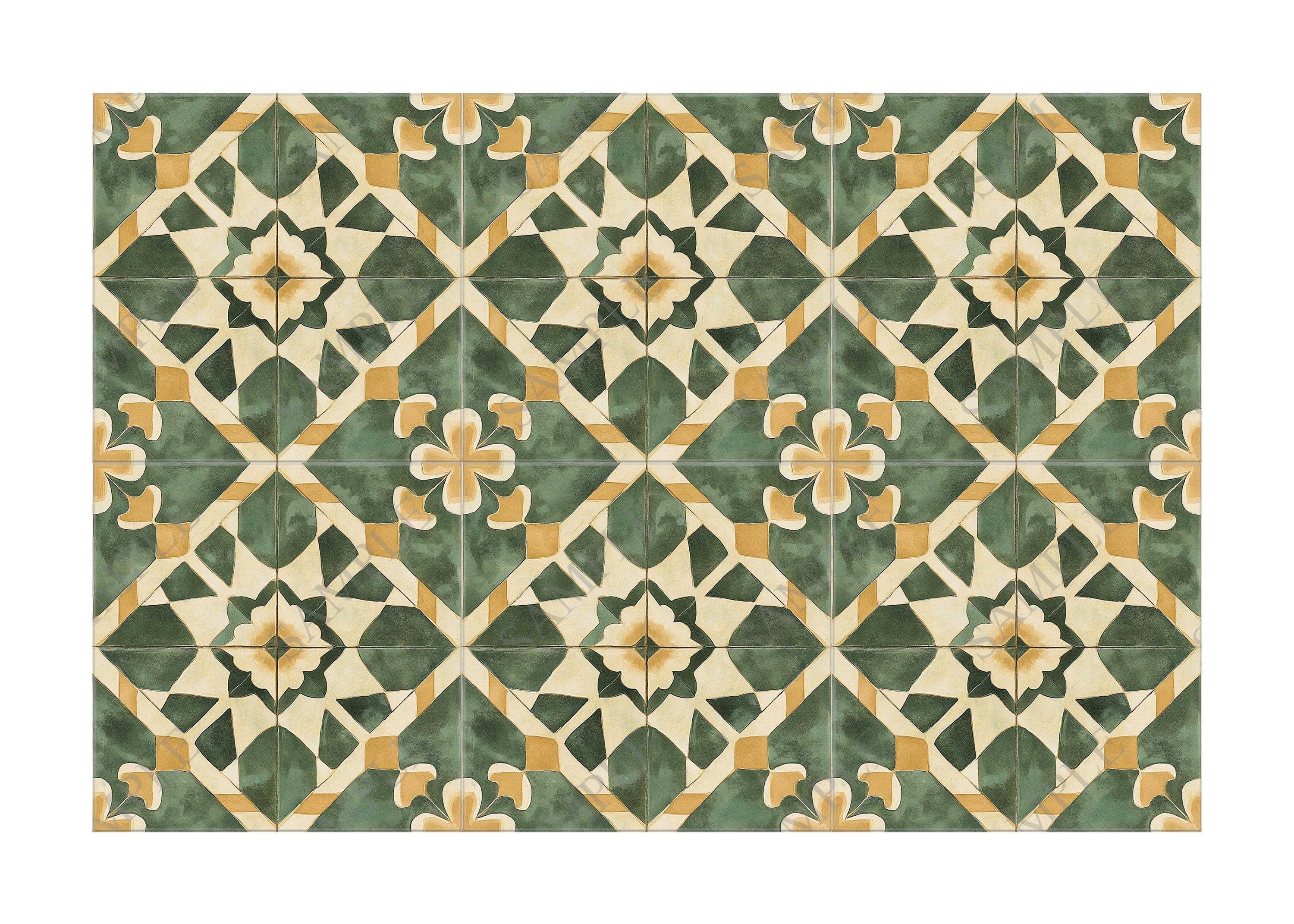 Green and Tan Ceramic Tile - Vintage Moroccan Tile Design - Kitchen ...