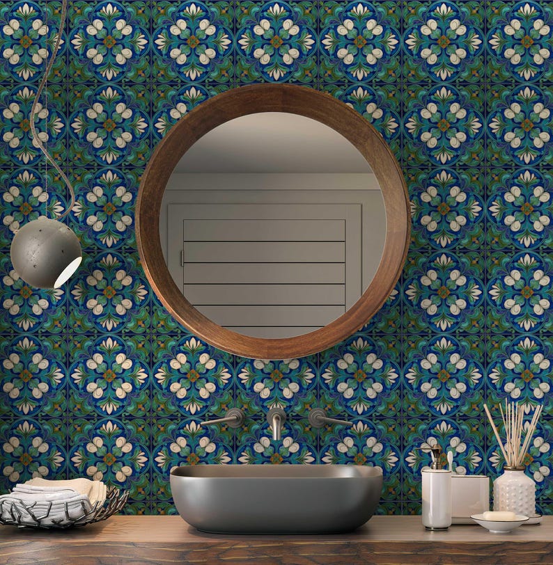 Blue and Green Ceramic Tile - Vintage Floral Design Tile - Kitchen ...
