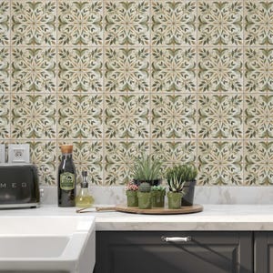 Green Beige Botanical Ceramic Tile Patterned Kitchen Backsplash Tile ...