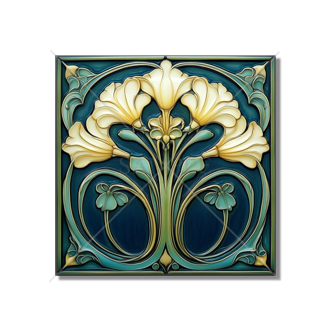 Blue Green Ceramic Tile Art Deco - Art Nouveau Design Blue Green Cream ...