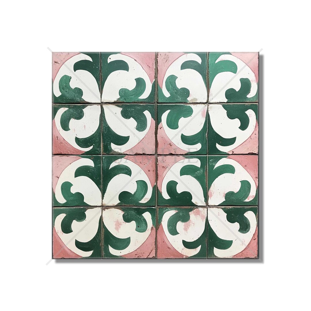 Pink and Green Patterned Ceramic Tile - Vintage Moroccan Tile Design ...