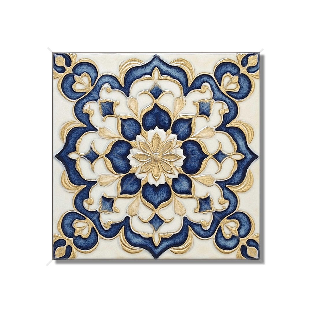 Blue and Gold Ceramic Tile - Blue Kitchen Tile Patterned Backsplash ...