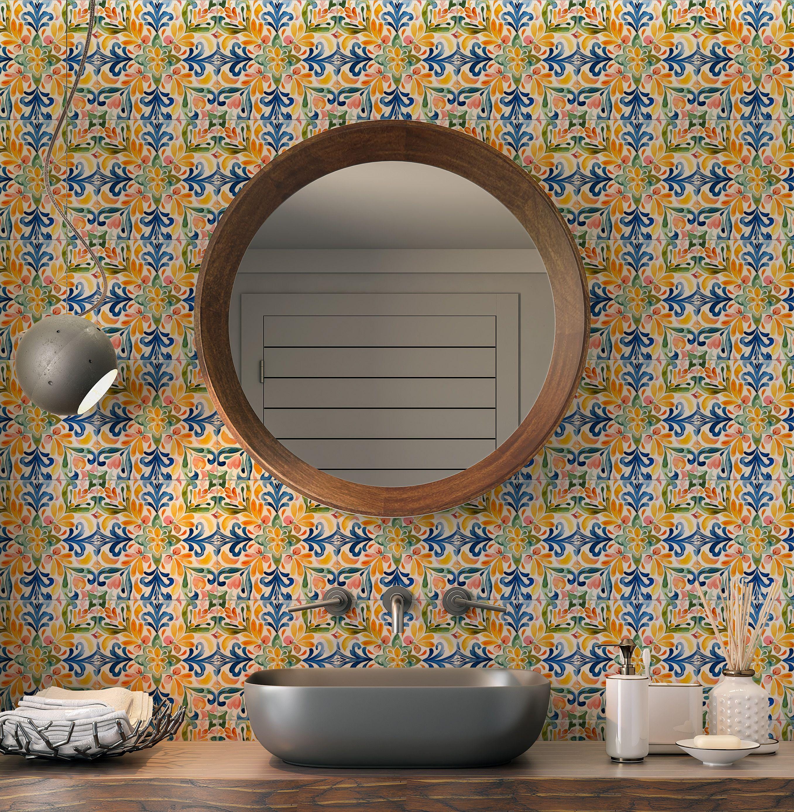Multi Colored Bright Colors Patterned Ceramic Tile Kitchen Backsplash ...