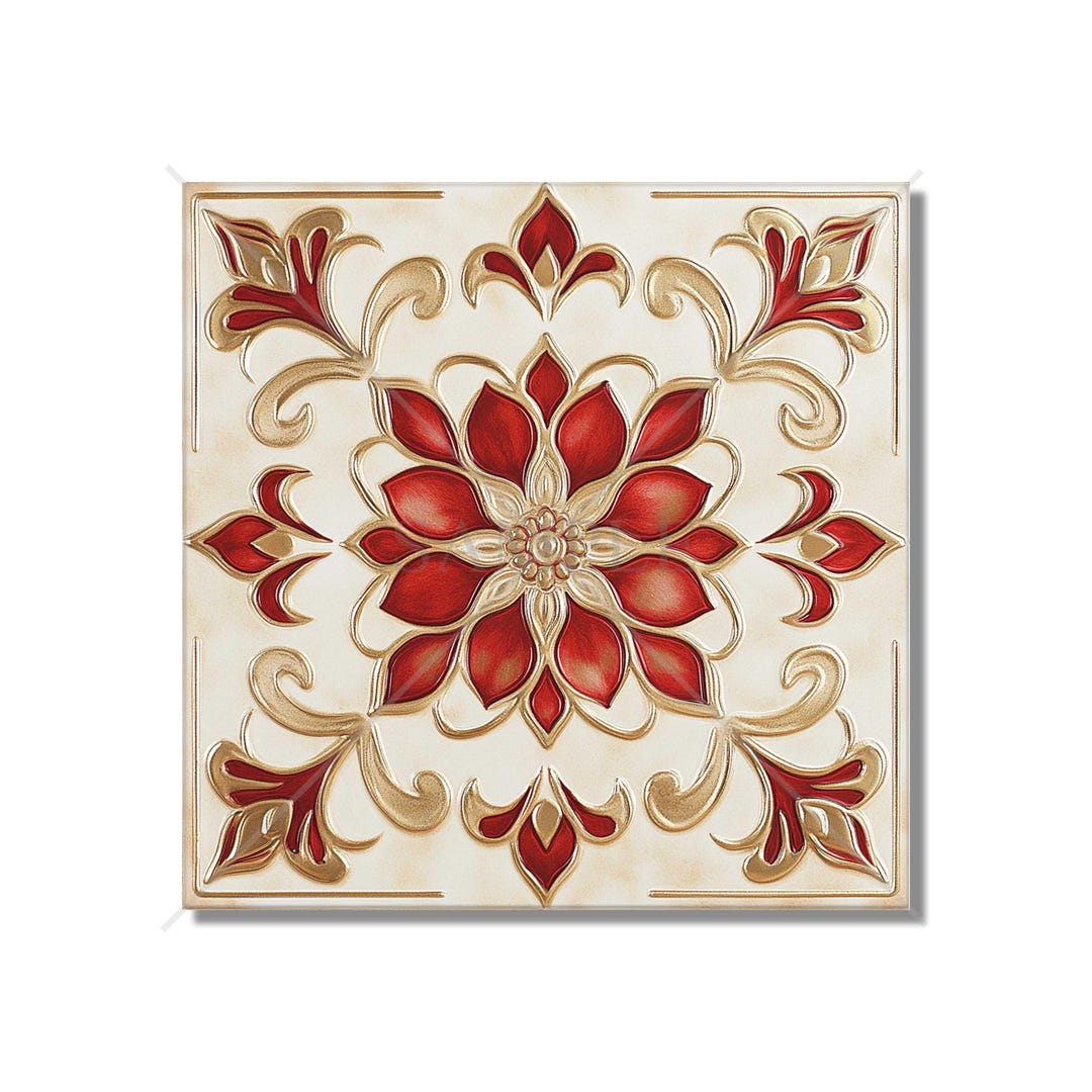 Red Cream Patterned Ceramic Tile - Unique Red Kitchen Backsplash Tiles ...