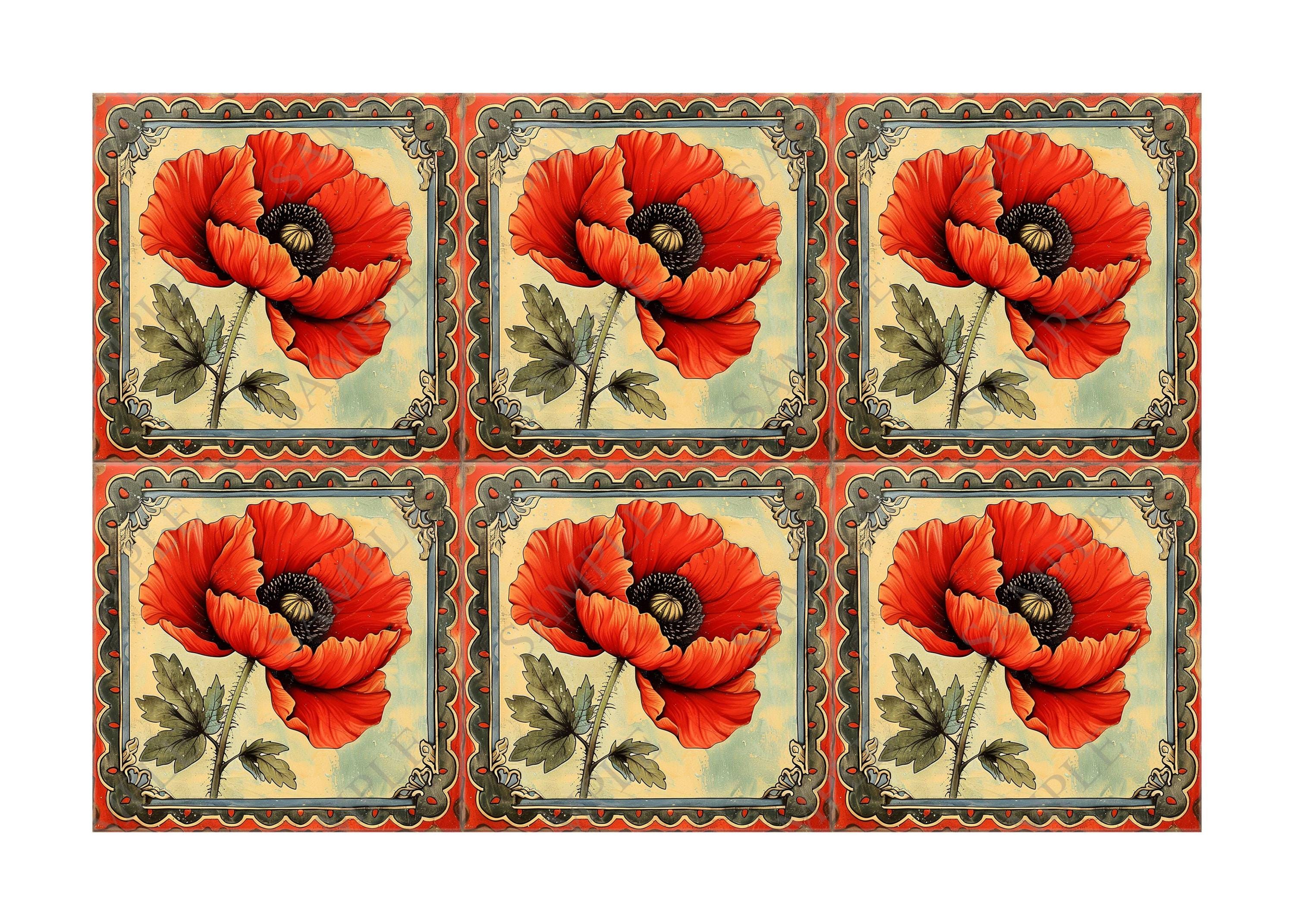 Poppy Flower Design Ceramic Accent Tile - Floral Design Kitchen Accent ...