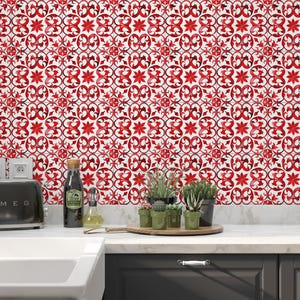 Red White Patterned Ceramic Tile - Unique Red Kitchen Backsplash Tile ...