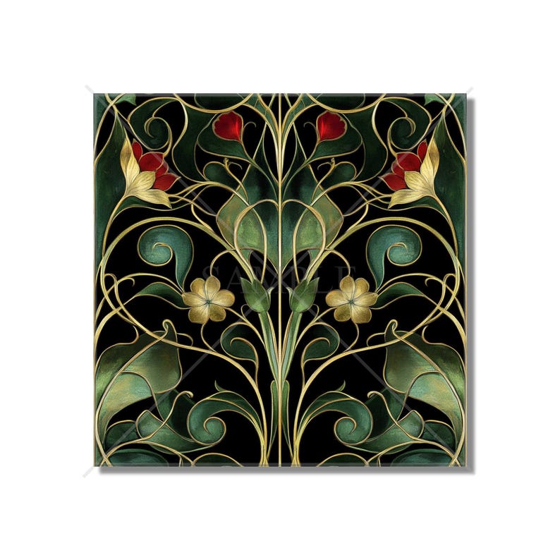 Red and Green Floral Ceramic Tile - Vintage French Floral Vines Design ...