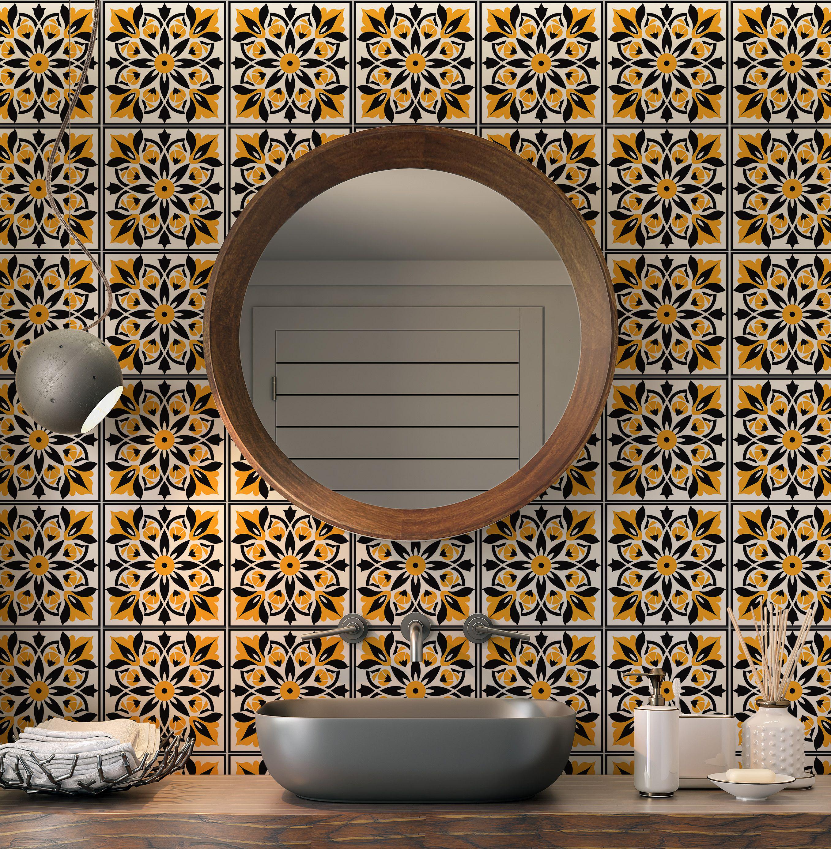 Yellow and Black Patterned Ceramic Tile - Kitchen Backsplash Tile ...