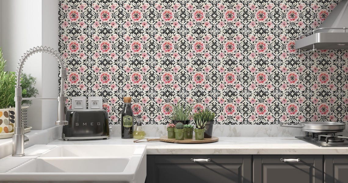 Pink and Black Floral Ceramic Tile - Cottage Kitchen Backsplash Tile ...