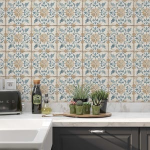 Light Blue and Tan Ceramic Tile Patterned Kitchen Backsplash Tiles ...
