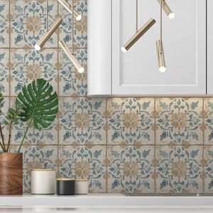 Light Blue and Tan Ceramic Tile Patterned Kitchen Backsplash Tiles ...