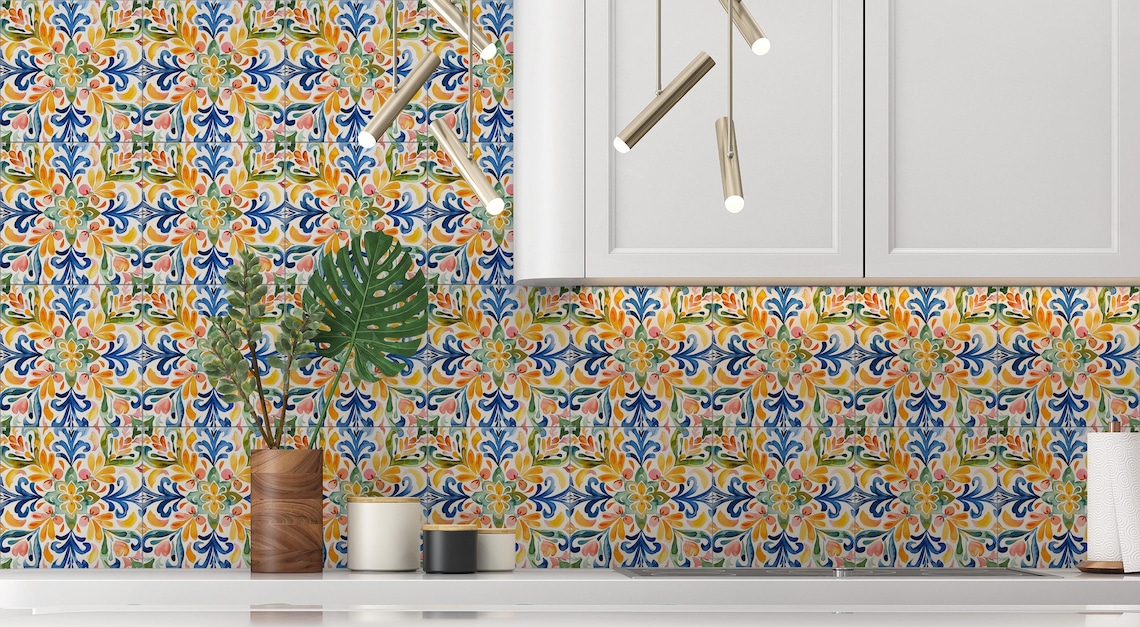 Multi Colored Bright Colors Patterned Ceramic Tile Kitchen Backsplash ...