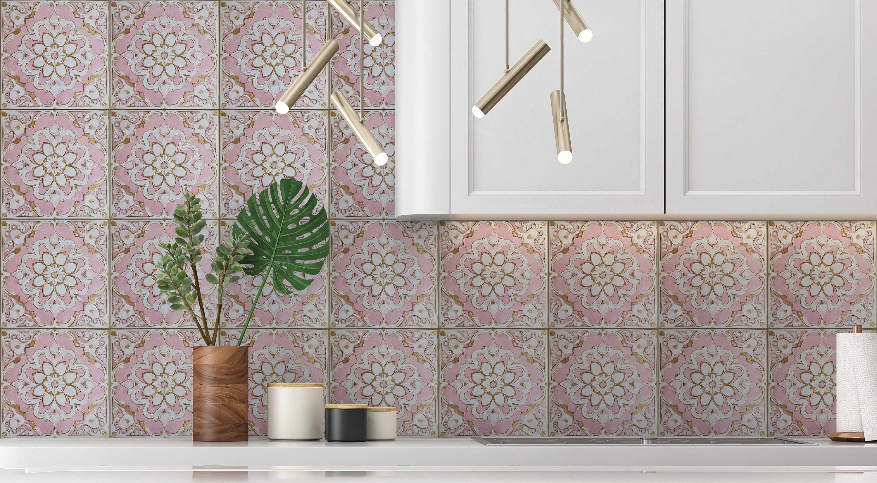 Pink Ceramic Tile Pink and White Patterned Kitchen Backsplash Tile ...