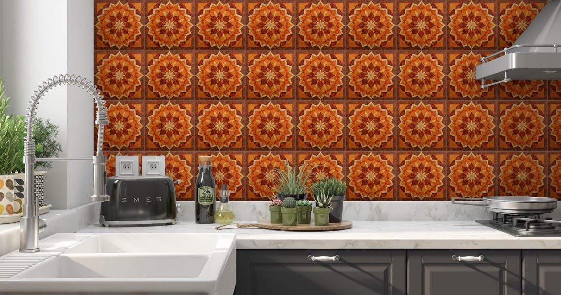 Orange Patterned Ceramic Tile - Orange Kitchen Backsplash Tile - Orange ...
