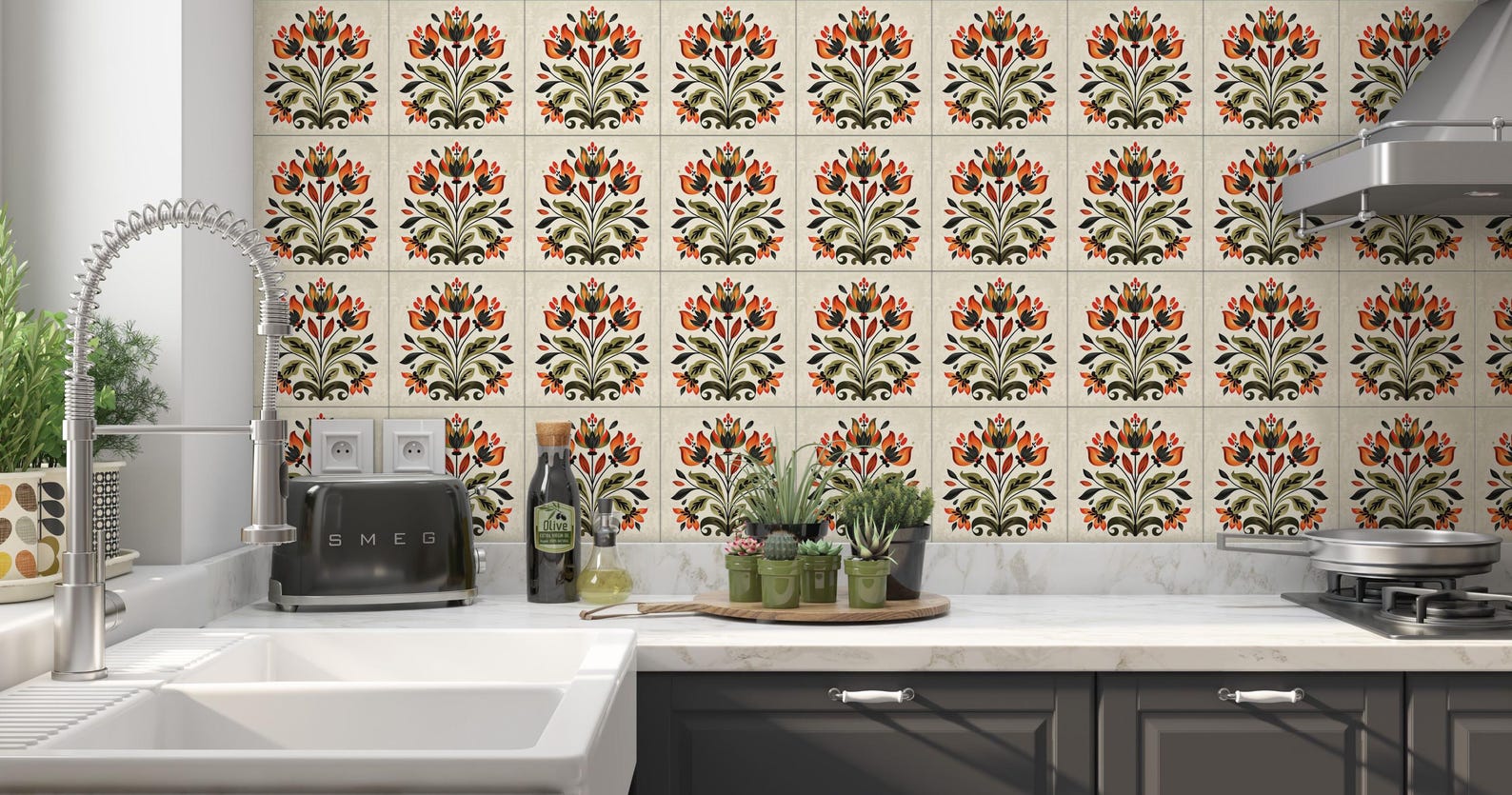 Flower Design Ceramic Tile - Kitchen Backsplash Tile Floral Design ...