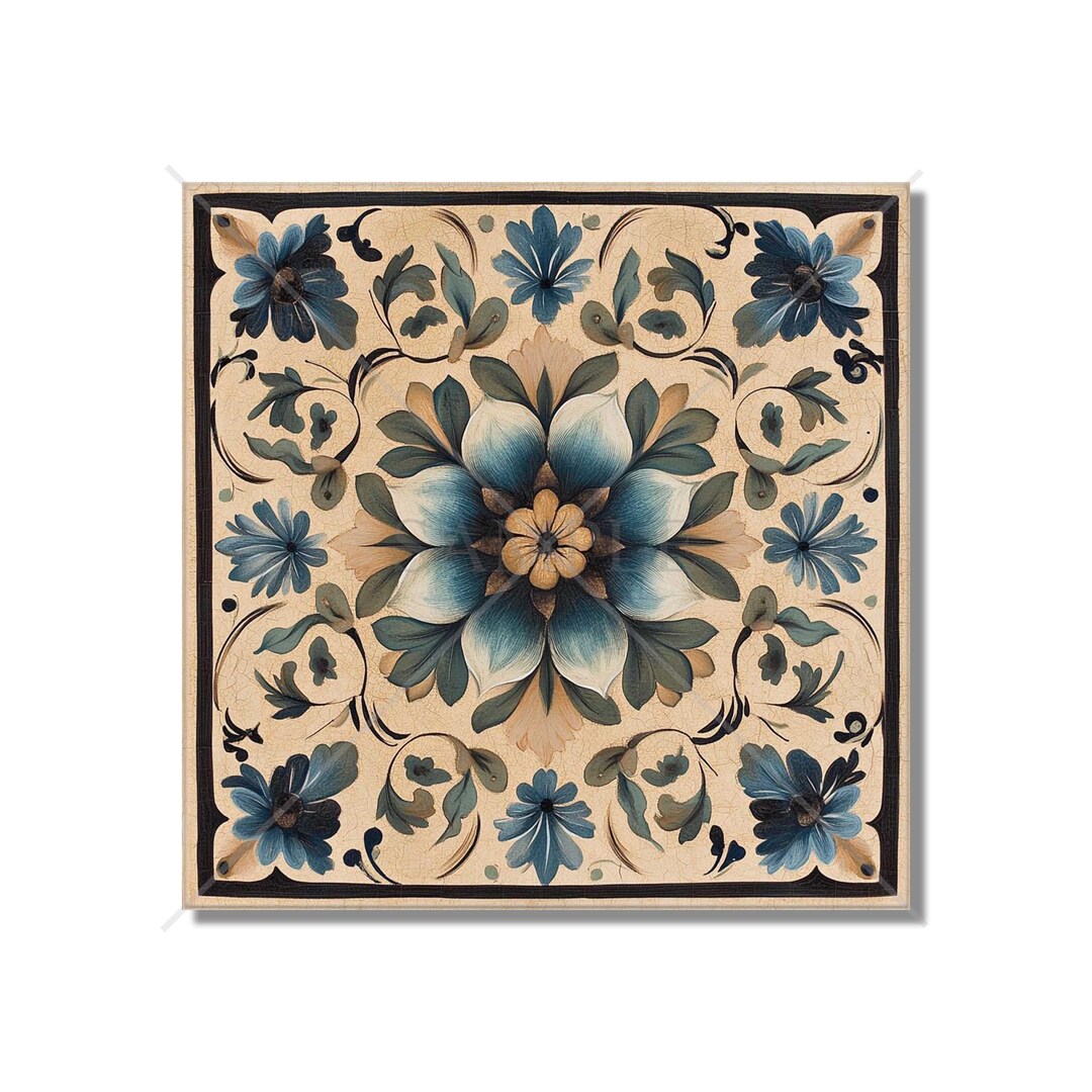 Blue Beige Floral Ceramic Tile - Vintage French Floral Design Tile ...
