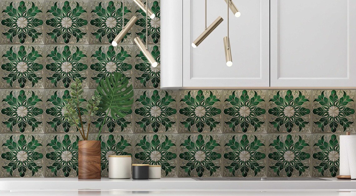 Emerald Green Patterned Ceramic Tile - Unique Green Kitchen Backsplash ...