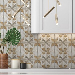 Vintage Neutral Tones Ceramic Tile Unique Patterned Kitchen Backsplash ...