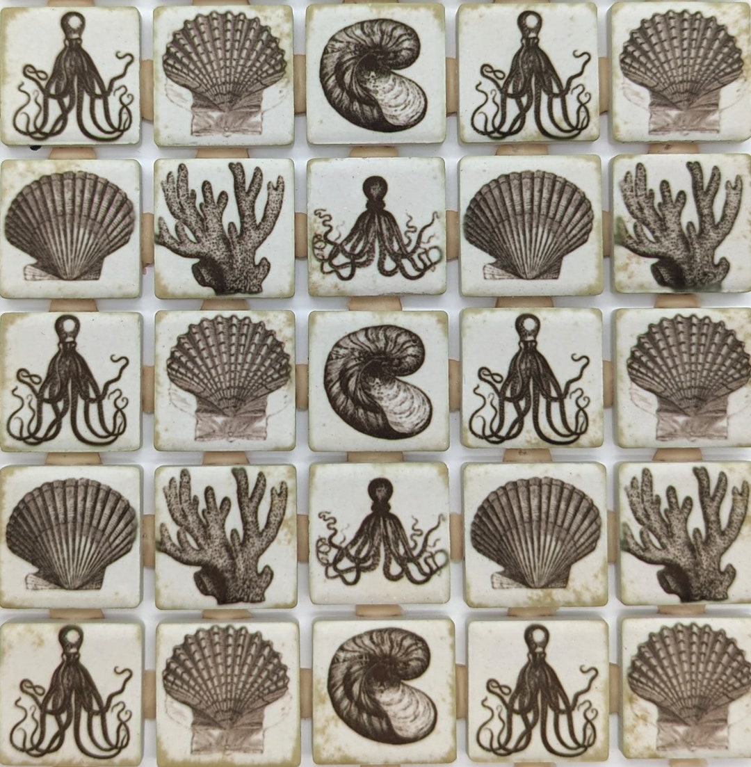Vintage Octopus and Seashells Mosaic Tile Pieces - Ceramic Mosaic Tiles ...