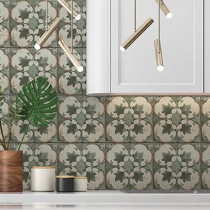 Ceramic Tile Sage Green Patterned Vintage Design Kitchen Backsplash ...