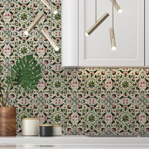 Pink and Green Floral Ceramic Tile - Cottage Kitchen Backsplash Tile ...