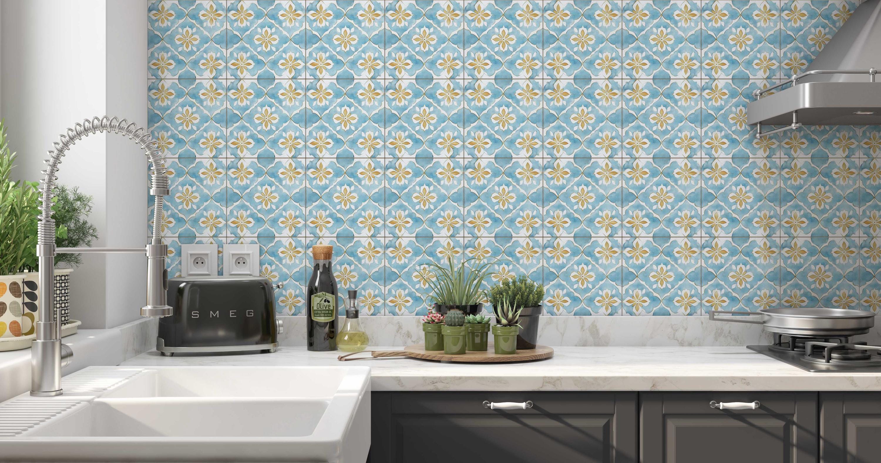 Light Blue and White Patterned Kitchen Backsplash Tile - Patterned ...