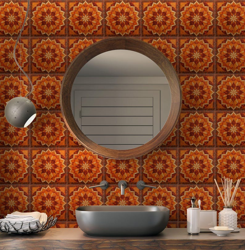 Orange Patterned Ceramic Tile - Orange Kitchen Backsplash Tile - Orange ...