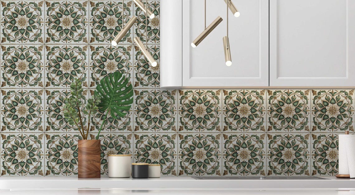 Green Ceramic Tile Vintage Design Tile - Unique Green Kitchen ...