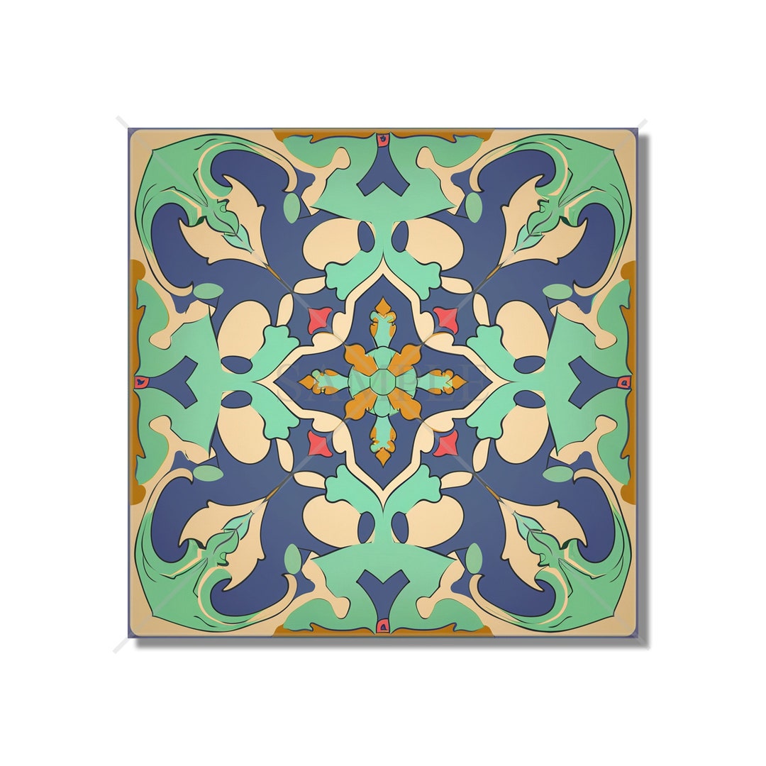 Blue Green Tan Ceramic Tile - Vintage Moroccan Tile Design - Blue ...