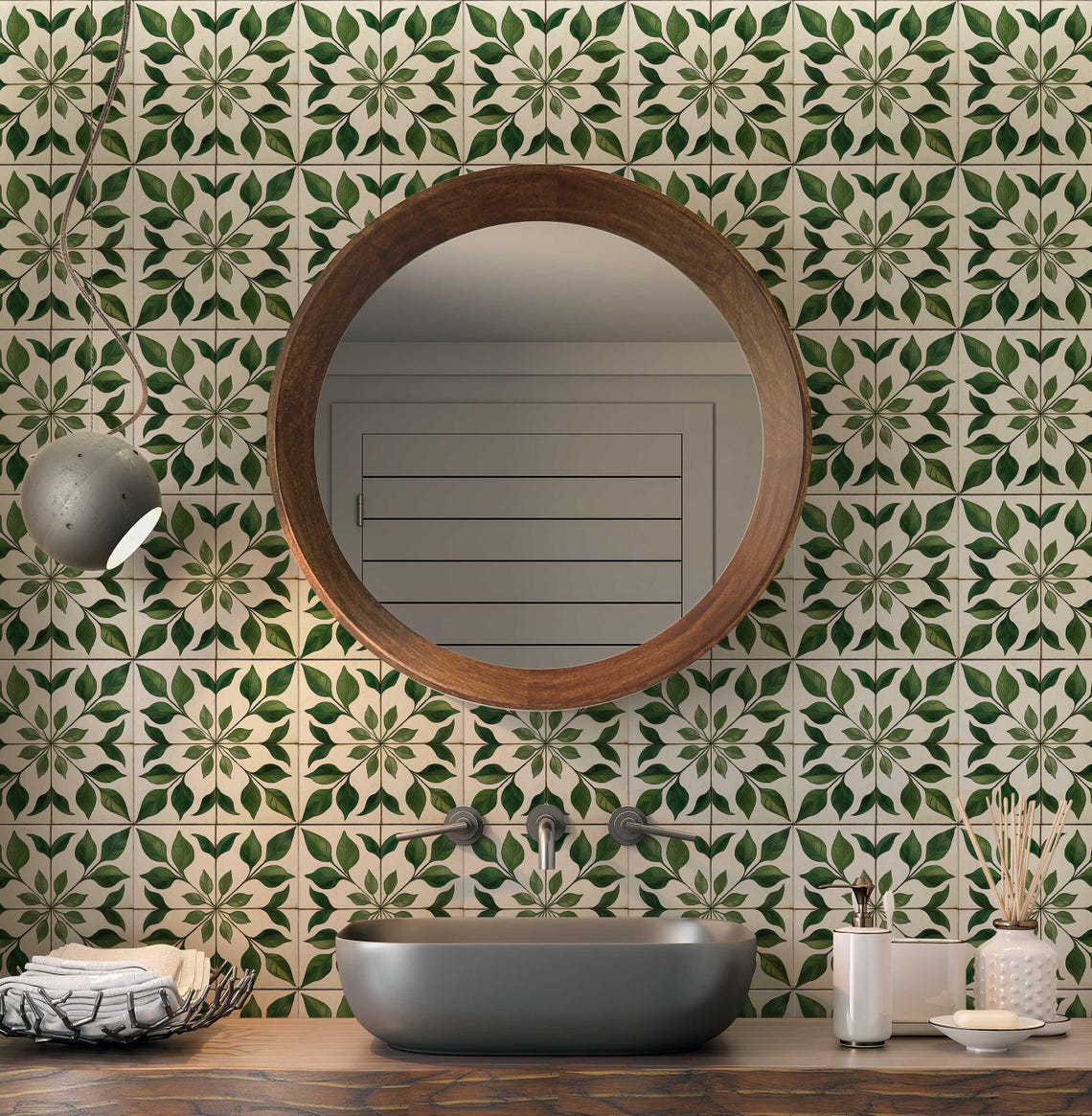 Green Leaves Botanical Ceramic Tile Patterned Kitchen Backsplash Tile ...