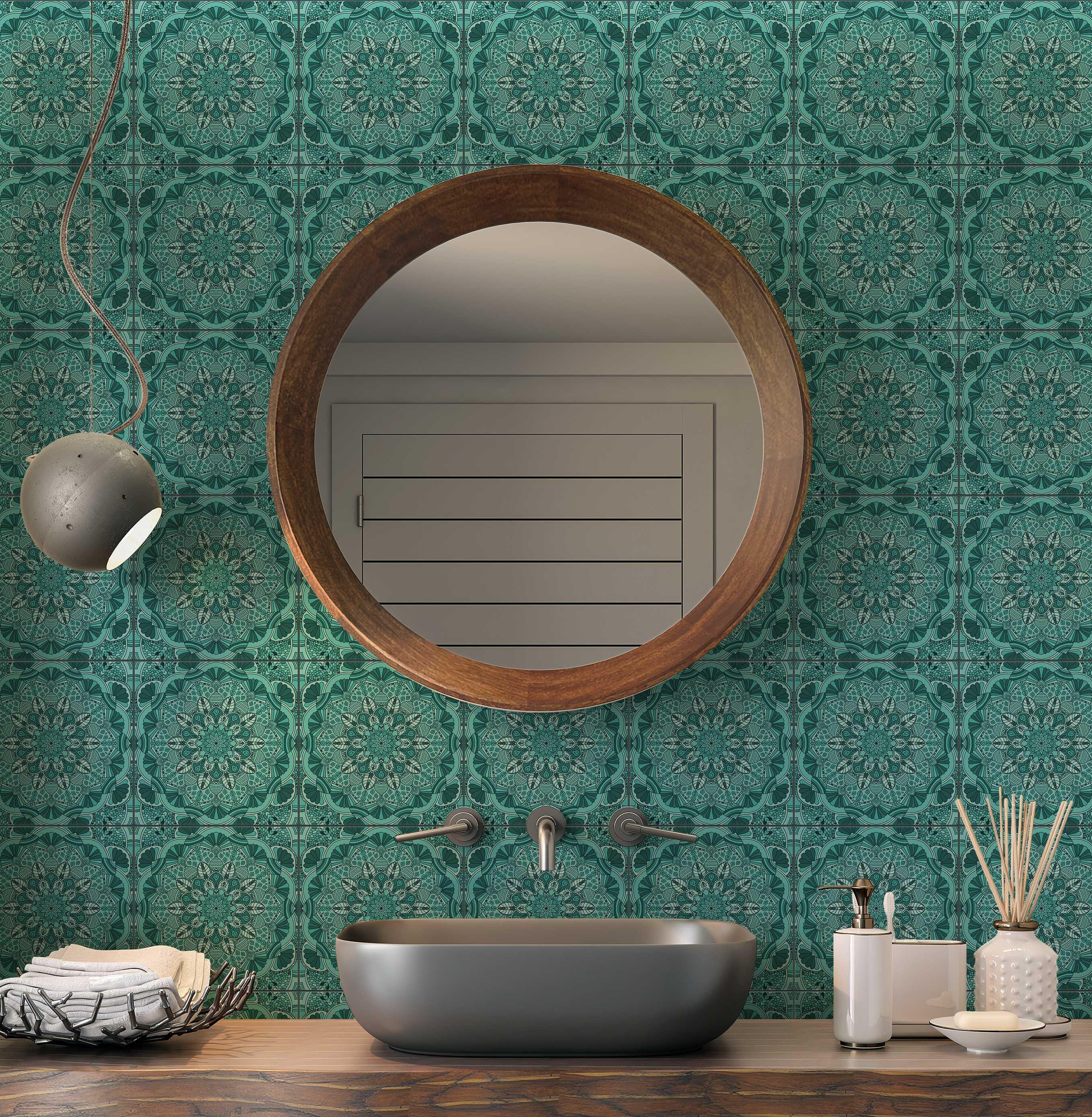 Turquoise Ceramic Wall Tile - Boho Medallion Tile Mandala Tile Teal ...