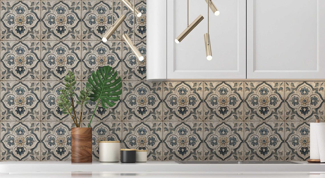 Antique Blue Beige Ceramic Tile Patterned Backsplash Tiles Vintage ...