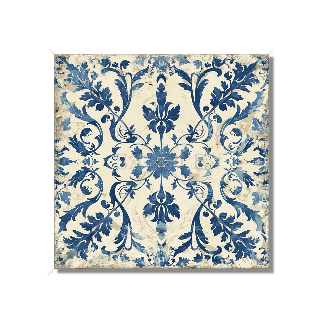 Blue Beige Ceramic Tile - Vintage French Floral Tile Design - Blue ...