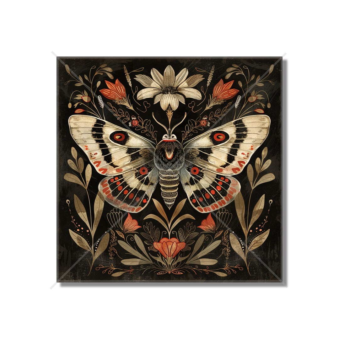 Moody Botanical Moth Design Ceramic Tile - Kitchen Backsplash Tile ...