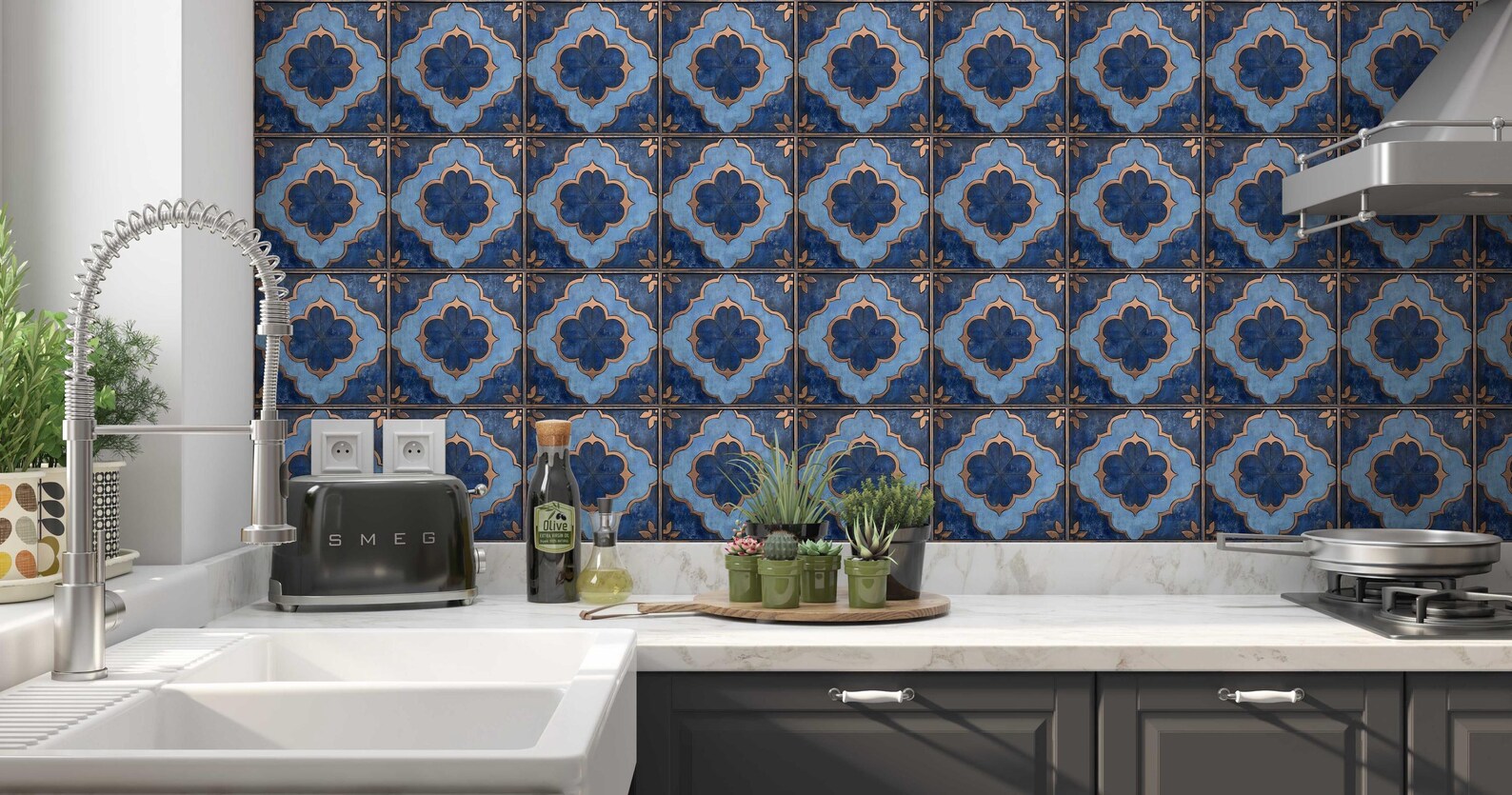 Dark Blue Patterned Ceramic Tile Kitchen Backsplash Tile Bathroom Wall ...