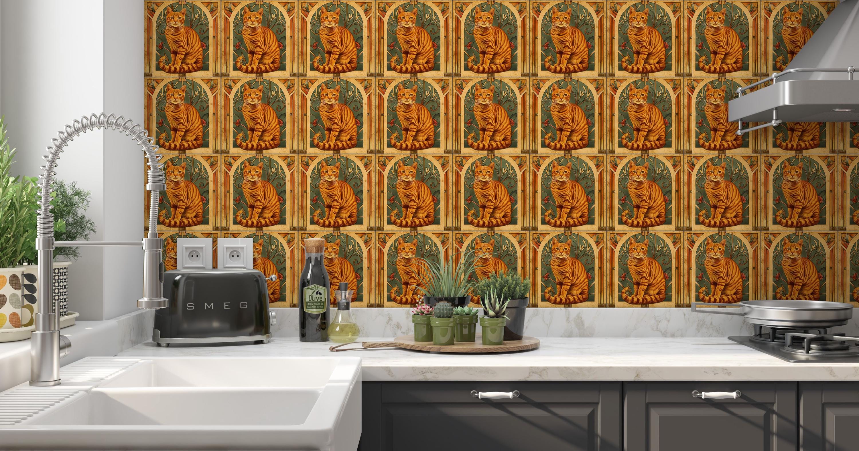Orange Cat Design Ceramic Tile - Kitchen Backsplash and Bathroom ...