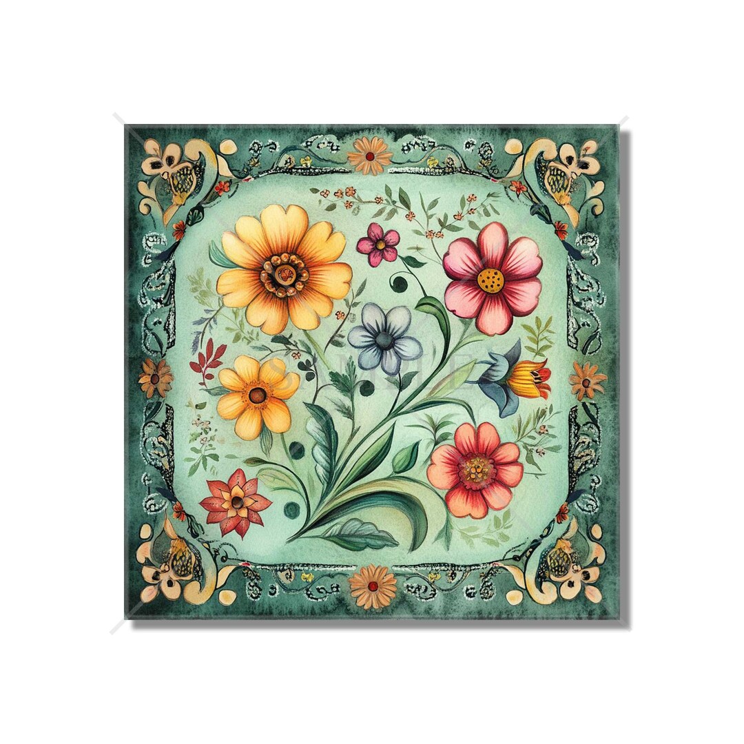 Folk Art Floral Design Ceramic Tile Multi Colored Kitchen Tile ...