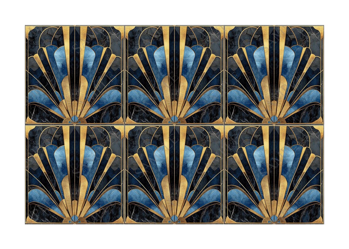 Art Deco Design Ceramic Tile - Black Blue Gold Tones Art Deco Kitchen ...