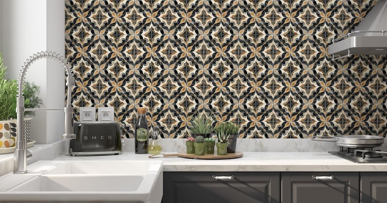 Black Tan Gray Patterned Ceramic Tile - Patterned Kitchen Backsplash ...