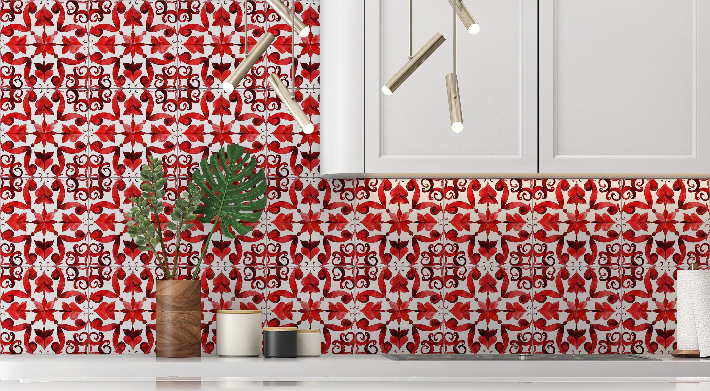 Red White Patterned Ceramic Tile - Unique Red Kitchen Backsplash Tile ...