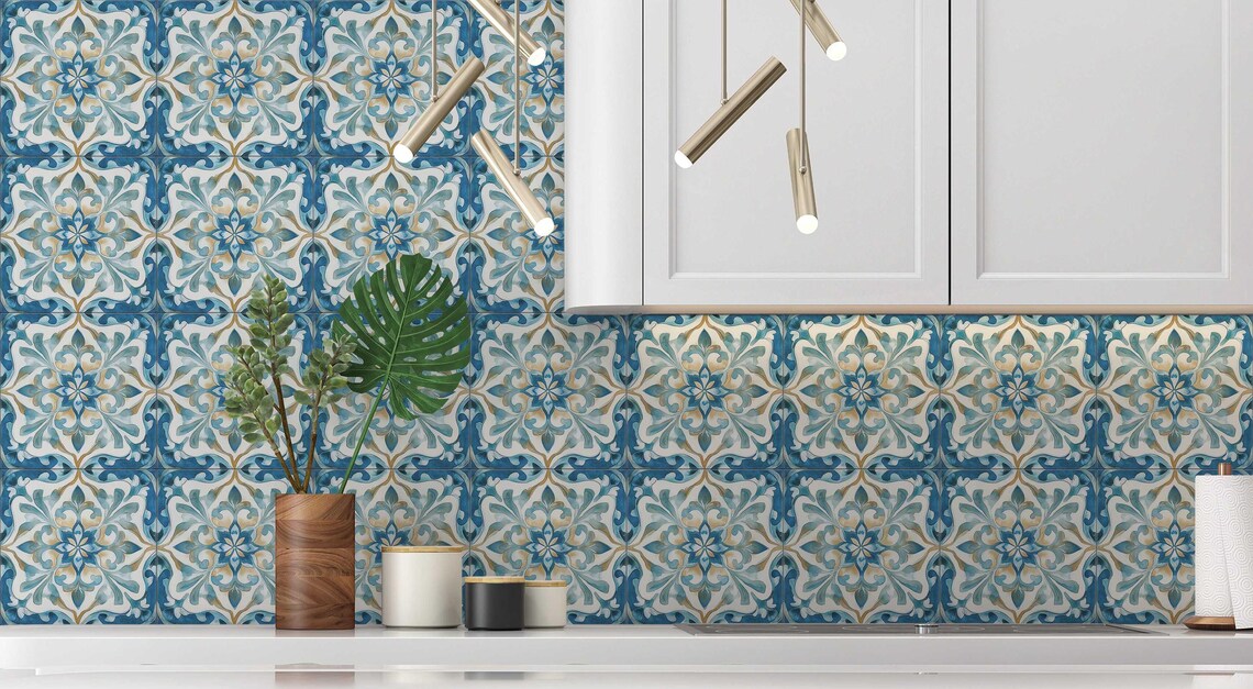 Blue White Tan Patterned Ceramic Tile - Unique Kitchen Backsplash Tile ...