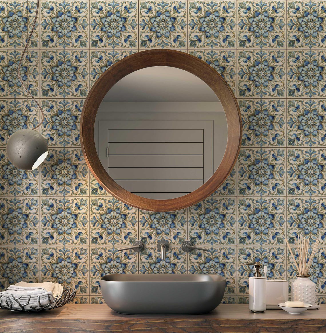 Blue Beige Ceramic Tile - Vintage French Floral Tile Design - Blue ...