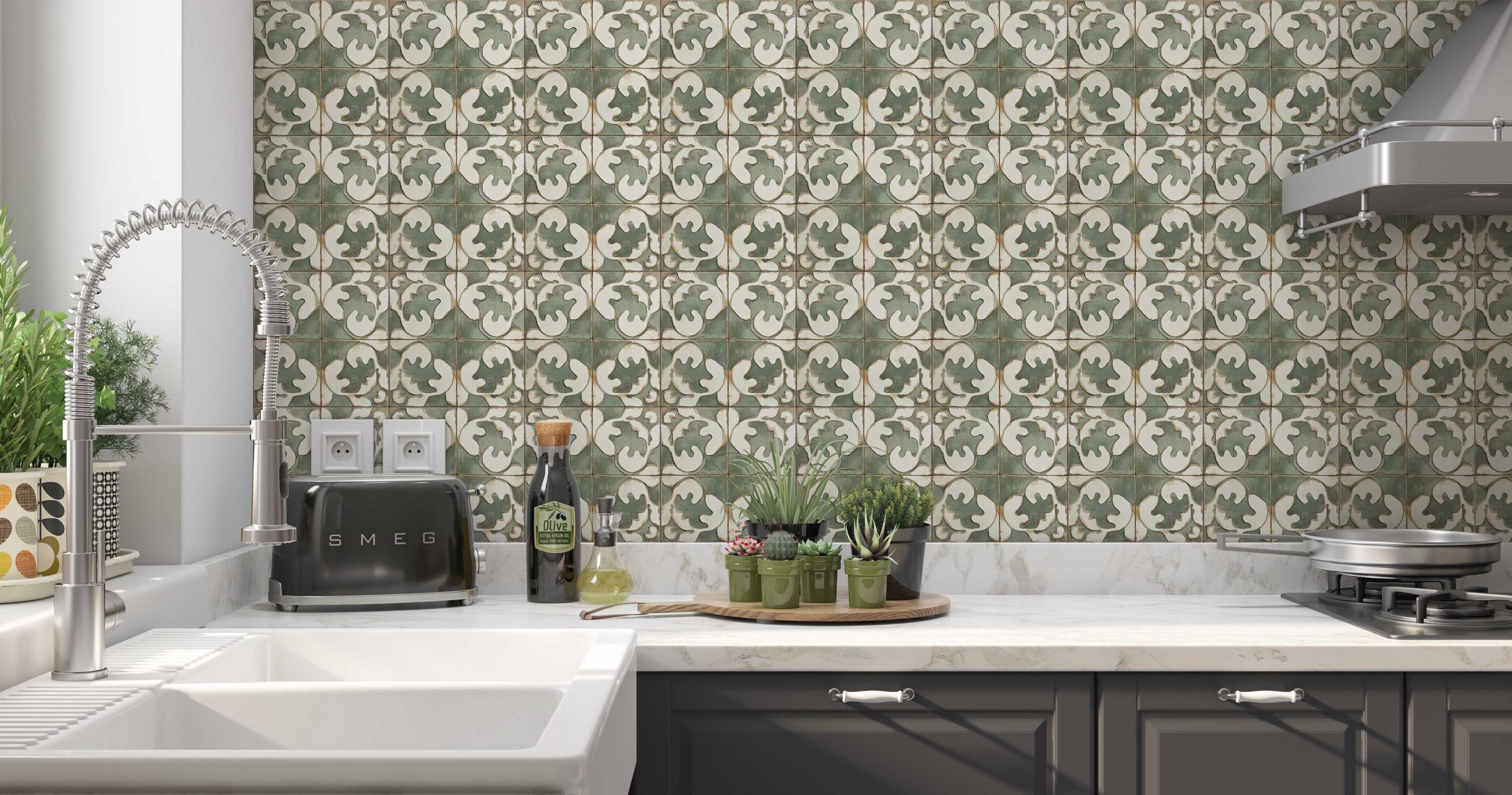 Ceramic Tile Sage Green Patterned Vintage Design Kitchen Backsplash ...