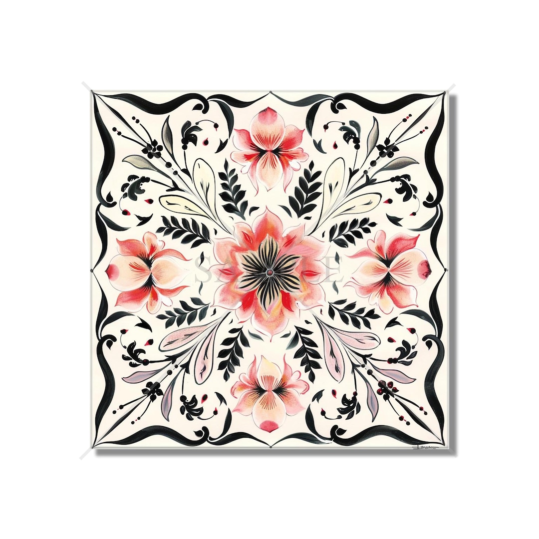 Pink and Black Floral Ceramic Tile - Cottage Kitchen Backsplash Tile ...