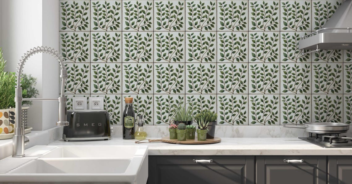 Green Leaves Botanical Ceramic Tile Patterned Kitchen Backsplash Tile ...