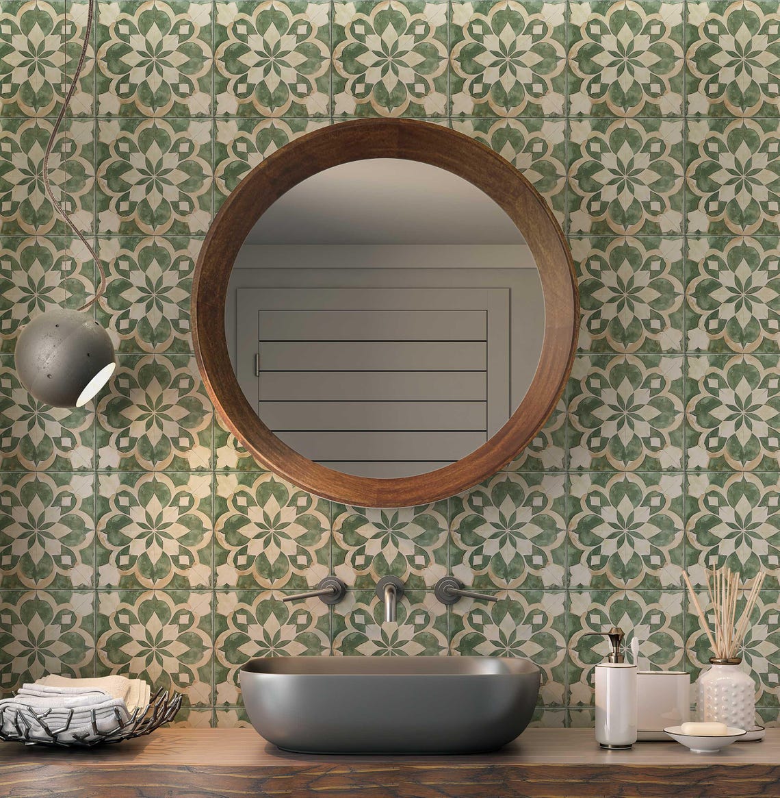Green Patterned Ceramic Tile - Vintage Moroccan Design Green Kitchen ...