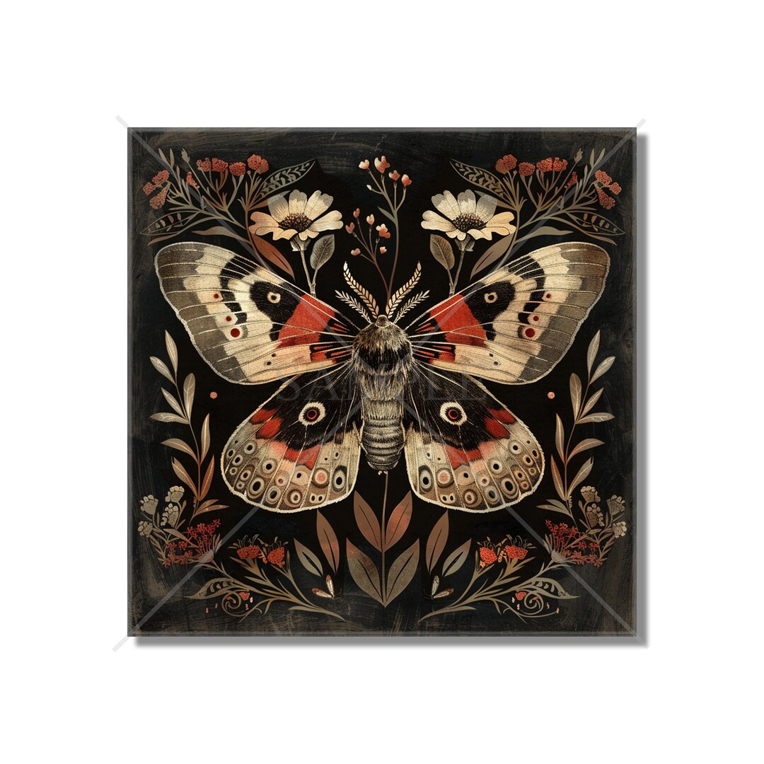 Moody Botanical Moth Design Ceramic Tile - Kitchen Backsplash Tile ...