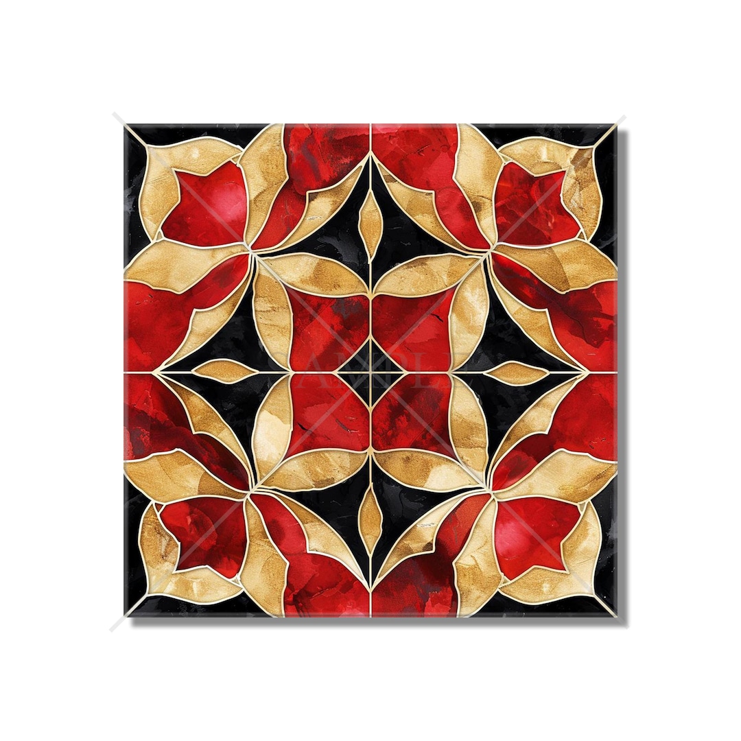 Red Black Gold Patterned Ceramic Tile - Red Kitchen Backsplash Tile ...