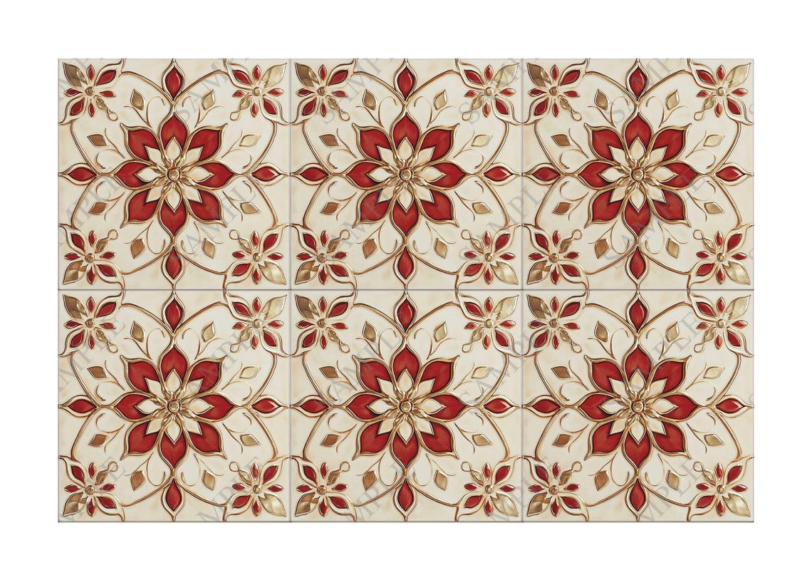 Red Cream Patterned Ceramic Tile - Unique Red Kitchen Backsplash Tiles ...