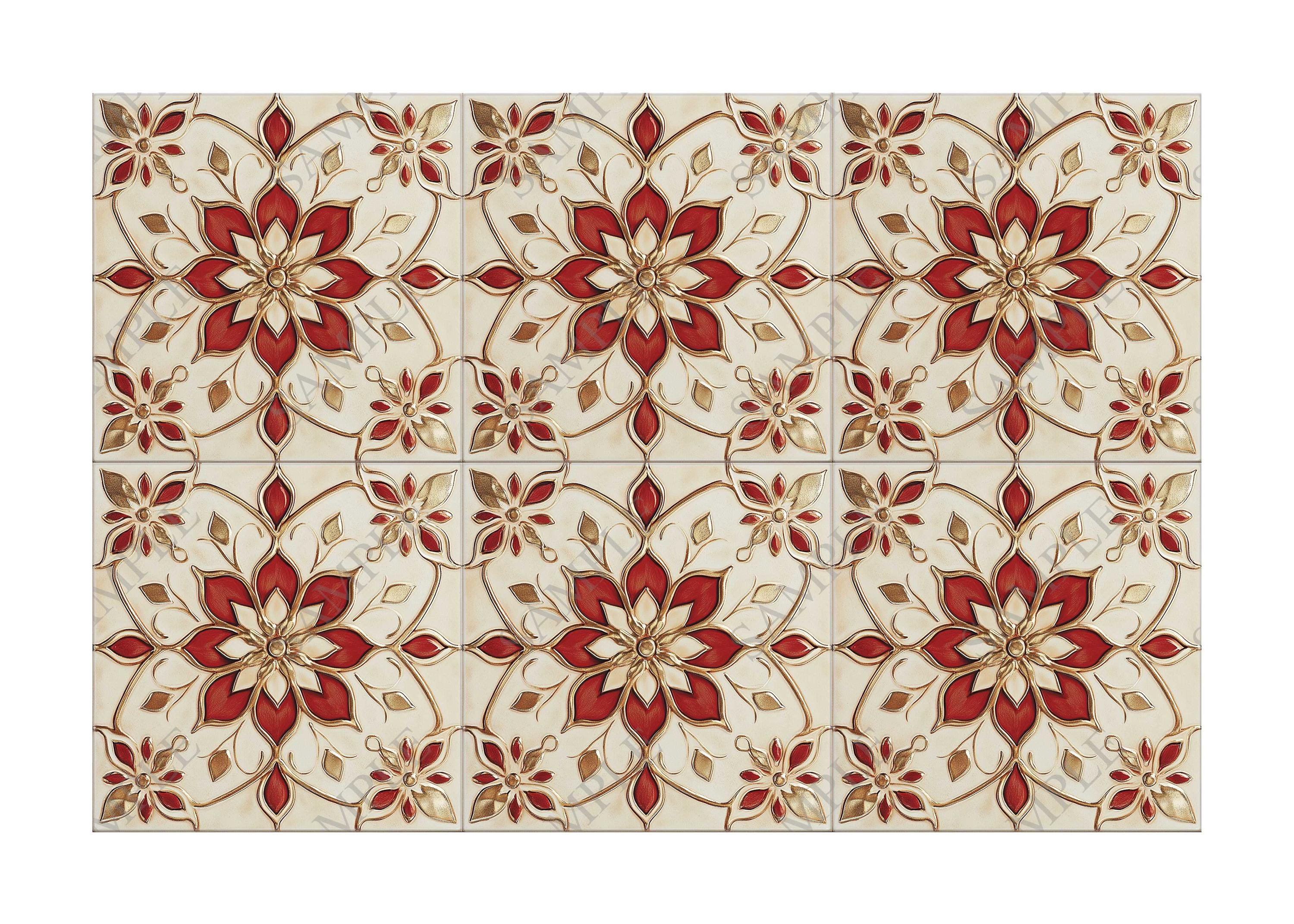 Red Cream Patterned Ceramic Tile - Unique Red Kitchen Backsplash Tiles ...